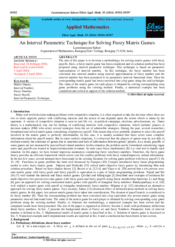 (PDF) An Interval Parametric Technique for Solving Fuzzy Matrix Games