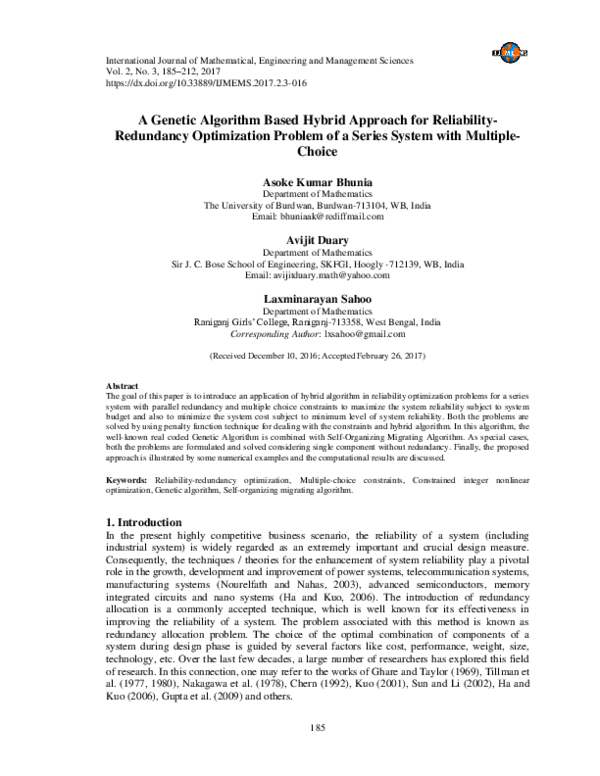 Pdf A Genetic Algorithm Based Hybrid Approach For Reliability Redundancy Optimization Problem
