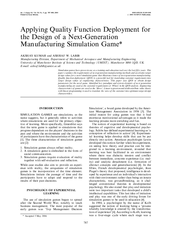 (PDF) Applying quality function deployment for the design of a next-generation manufacturing ...