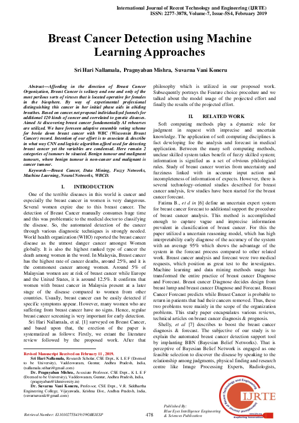 (PDF) Breast Cancer Detection using Machine Learning Approaches