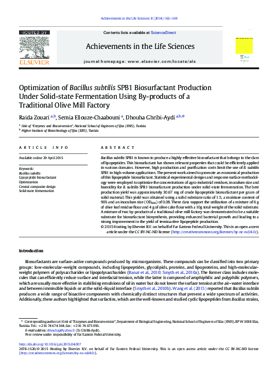 (PDF) Optimization of Bacillus subtilis SPB1 Biosurfactant Production Under Solid-state ...