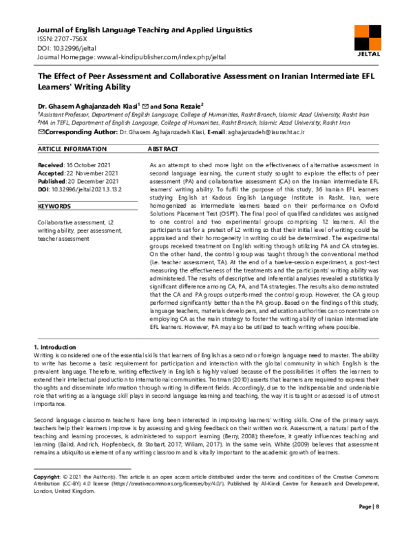 (PDF) The Effect of Peer Assessment and Collaborative Assessment on Iranian Intermediate EFL ...