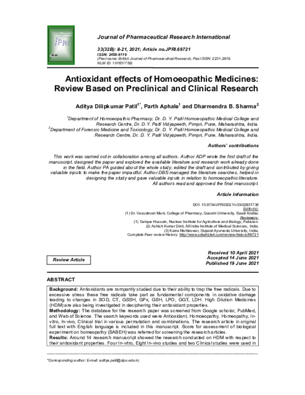 (PDF) Antioxidant effects of Homoeopathic Medicines: Review Based on ...