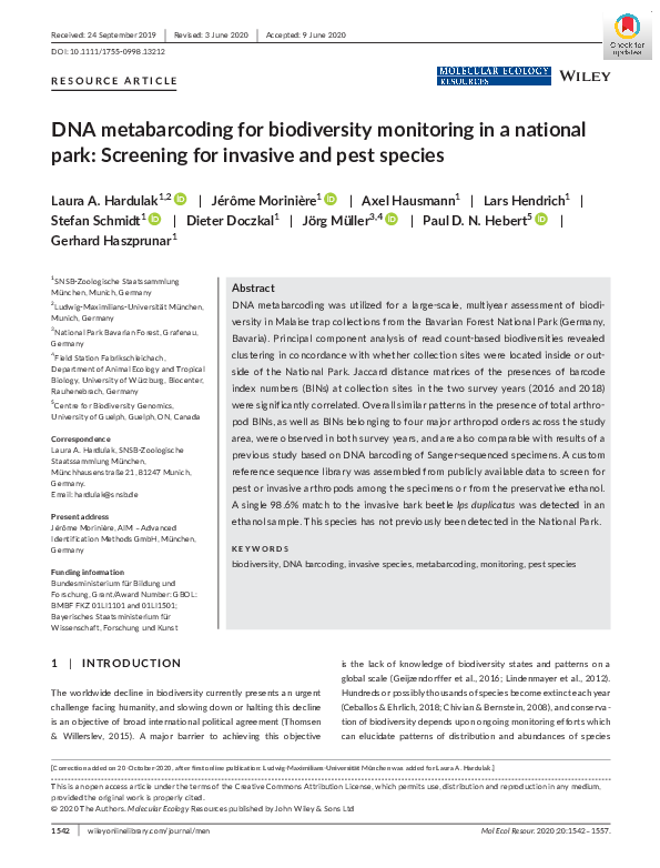 (PDF) DNA metabarcoding for biodiversity monitoring in a national park ...