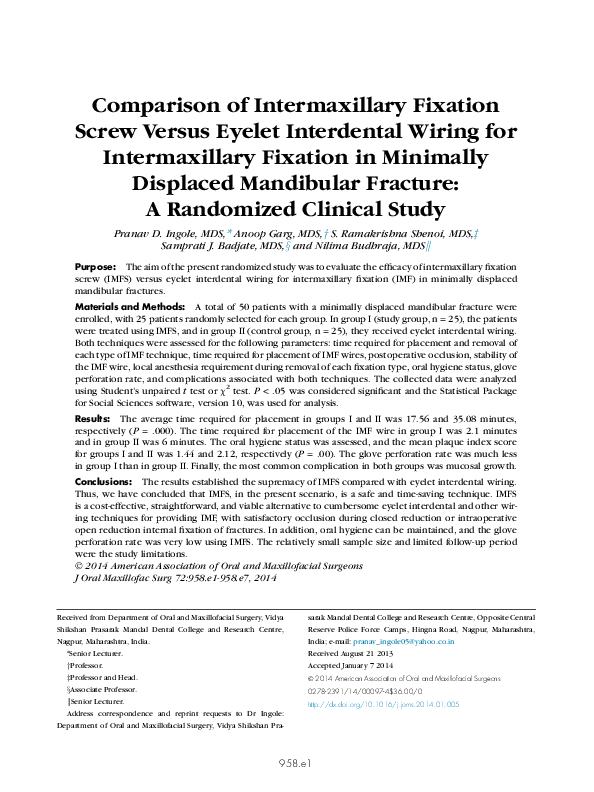 (PDF) Comparison of Intermaxillary Fixation Screw Versus Eyelet ...
