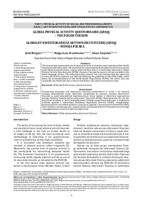 (PDF) Global Physical Activity Questionnaire (GPAQ) – the Polish version