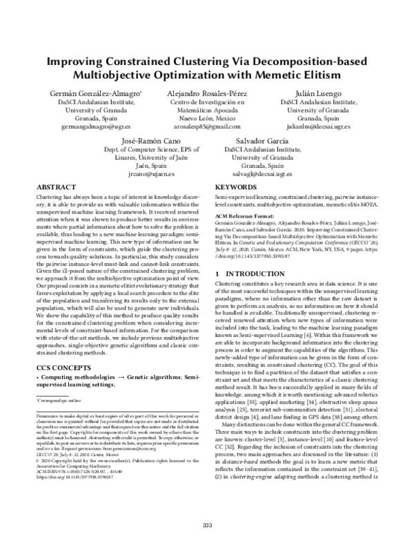 (PDF) Improving constrained clustering via decomposition-based multiobjective optimization with ...