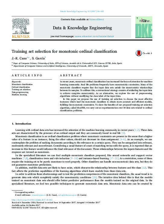 (PDF) Training set selection for monotonic ordinal classification