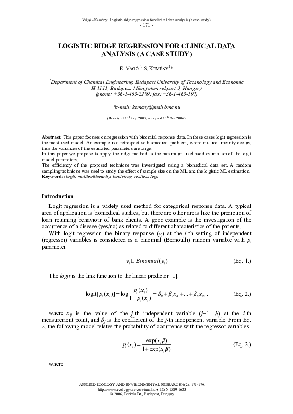 (PDF) Logistic Ridge Regression for Clinical Data Analysis (A Case Study)