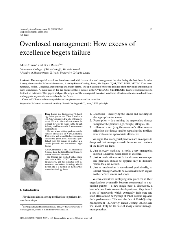(PDF) Overdosed management: How excess of excellence begets failure ...