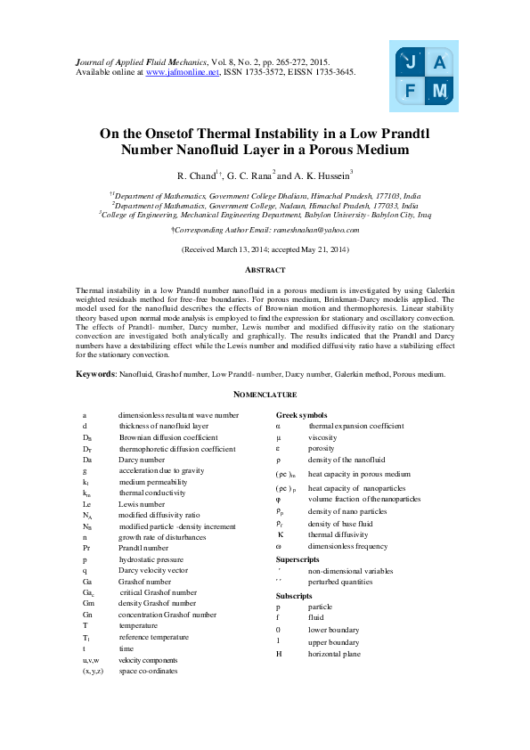 (PDF) On the Onsetof Thermal Instability in a Low Prandtl Number Nanofluid Layer in a Porous ...