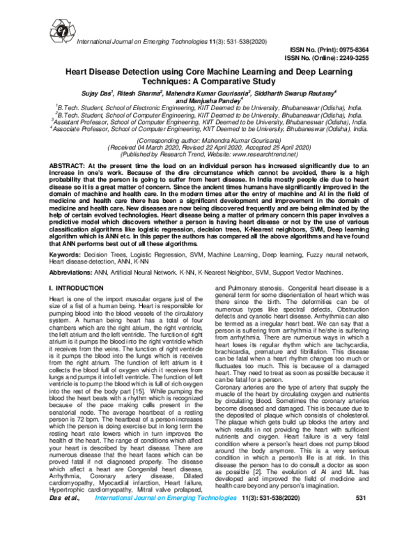 (PDF) Heart Disease Detection using Core Machine Learning and Deep ...