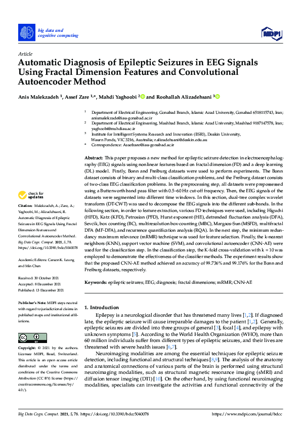 Pdf Automatic Diagnosis Of Epileptic Seizures In Eeg Signals Using Fractal Dimension Features