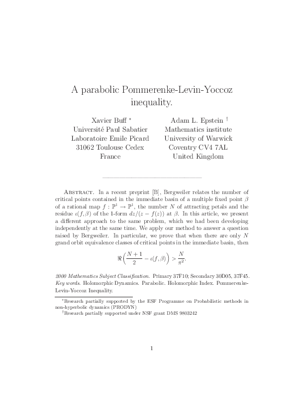 (PDF) A parabolic Pommerenke-Levin-Yoccoz inequality
