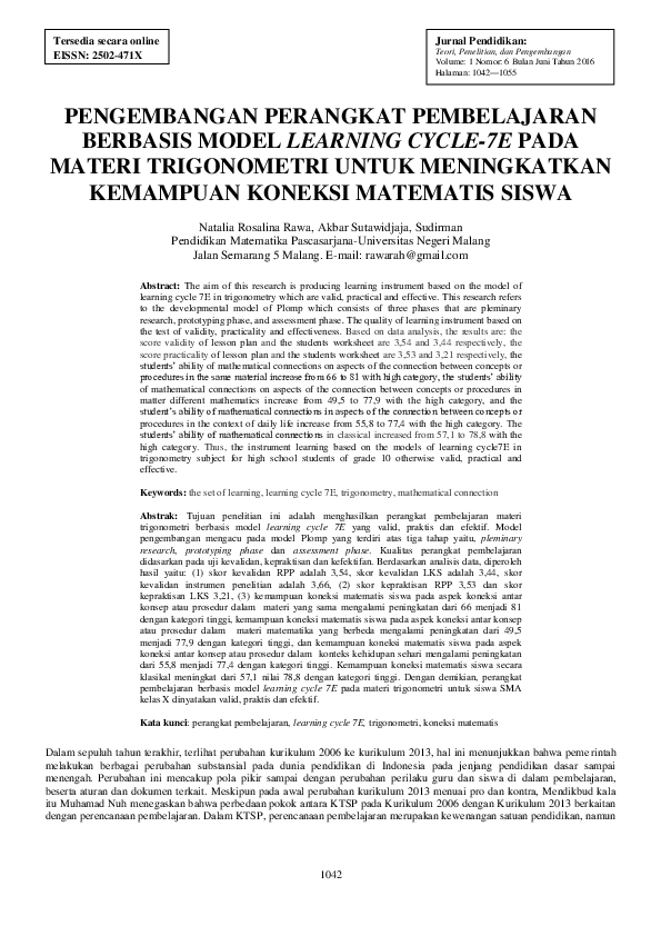 (PDF) Pengembangan Perangkat Pembelajaran Berbasis Model Learning CYCLE-7E Pada Materi ...