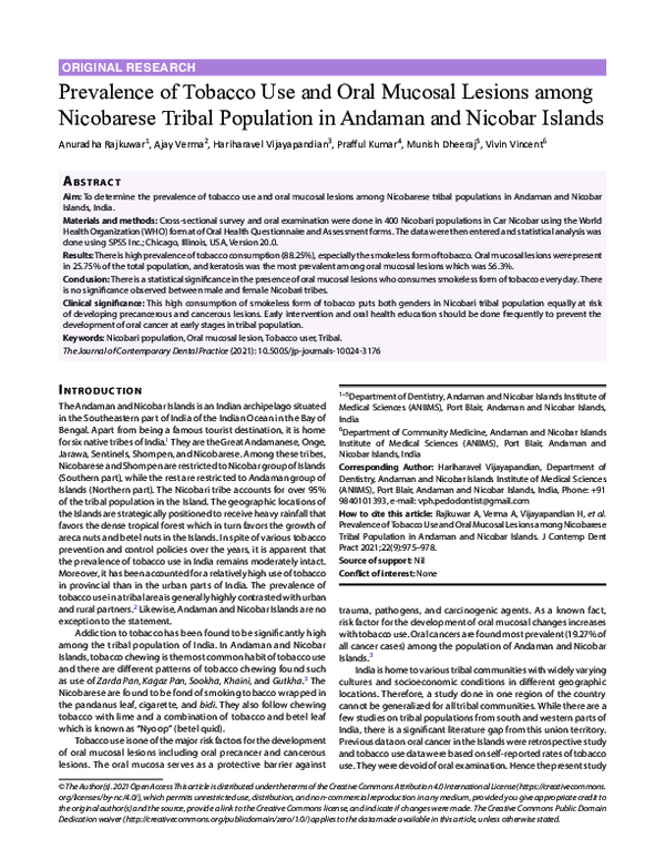 (PDF) Prevalence of Tobacco Use and Oral Mucosal Lesions among ...