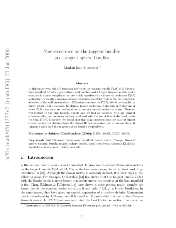 Pdf New Structures On The Tangent Bundles And Tangent Sphere Bundles