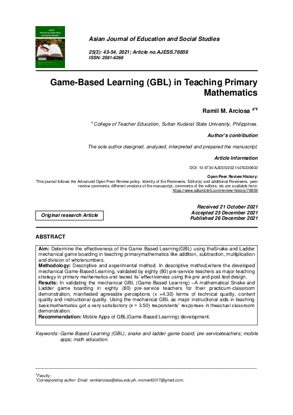 Pdf Game Based Learning Gbl In Teaching Primary Mathematics