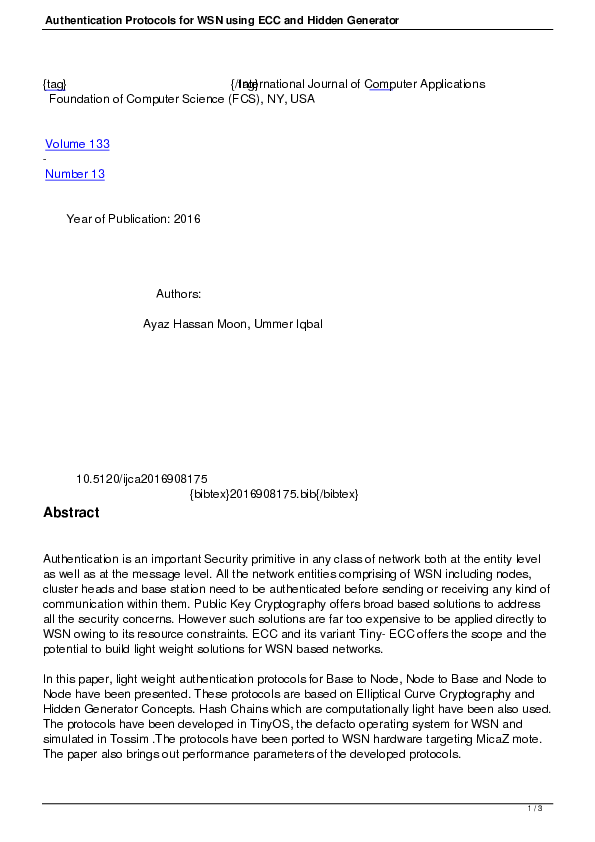 (PDF) Authentication Protocols for WSN using ECC and Hidden Generator
