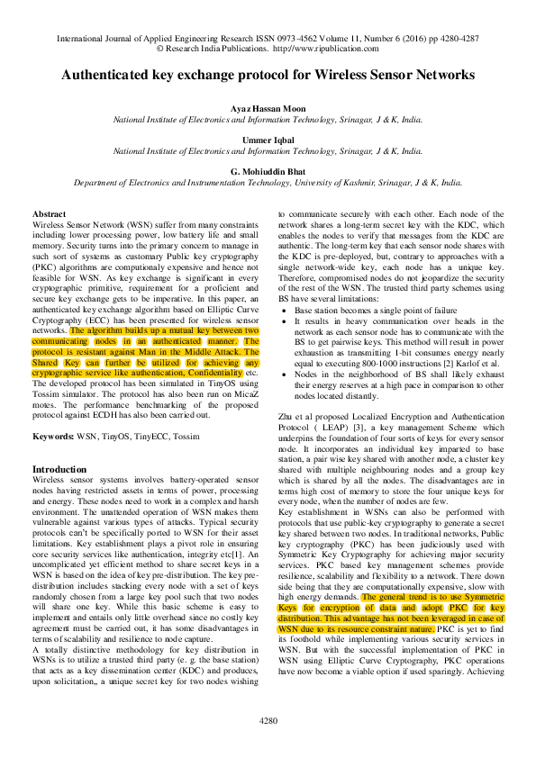 (PDF) Authenticated key exchange protocol for Wireless Sensor Networks