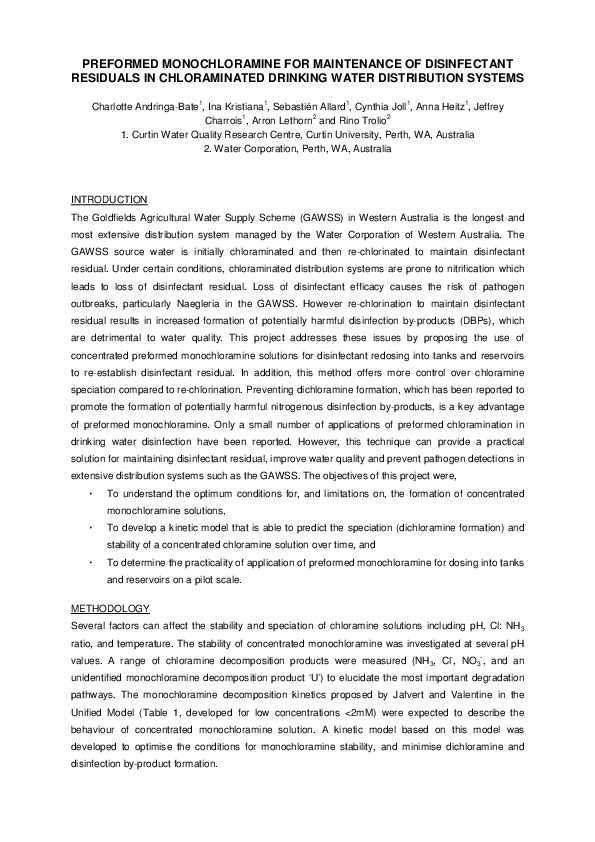 (PDF) Preformed Monochloramine for Maintenance of Disinfectant ...