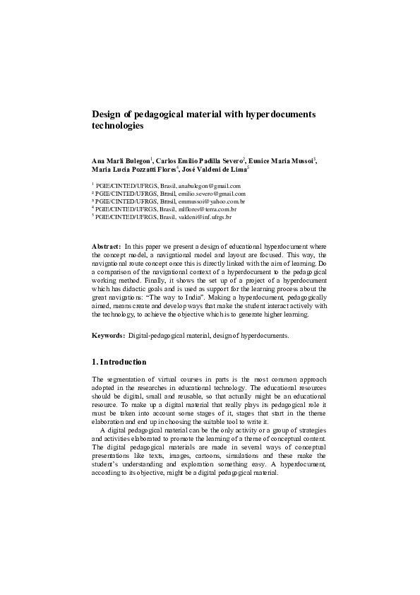 (PDF) Design of pedagogical material with hyperdocuments technologies | Maria Flores - Academia.edu