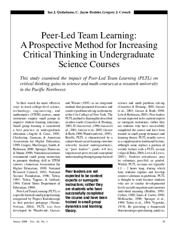 (PDF) Peer-led team learning: A prospective method for increasing ...