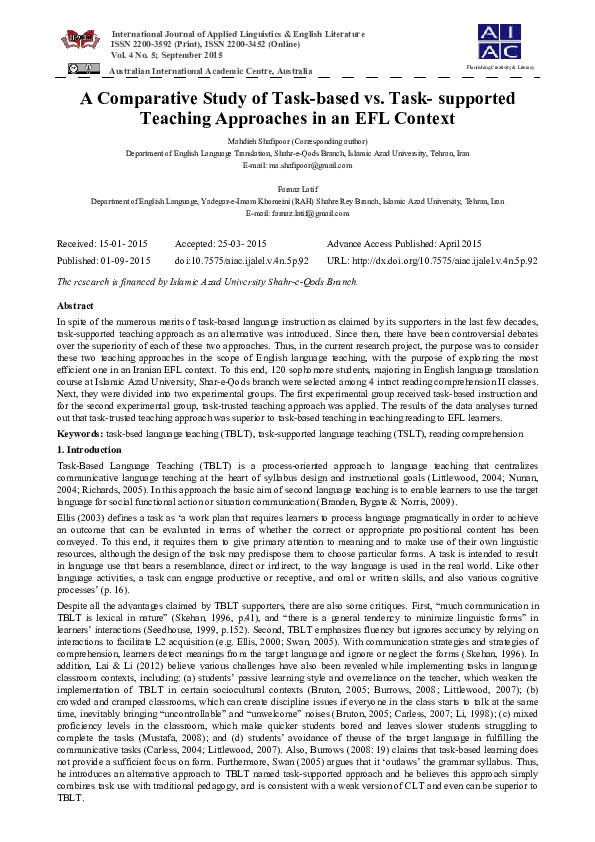 (PDF) A Comparative Study of Task-based vs. Task- supported Teaching Approaches in an EFL Context