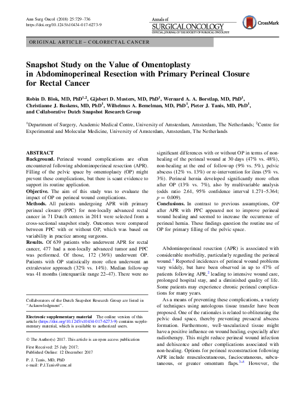 (PDF) Snapshot Study on the Value of Omentoplasty in Abdominoperineal ...