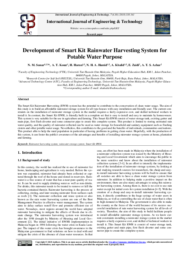 (PDF) Development of Smart Kit Rainwater Harvesting System for Potable ...