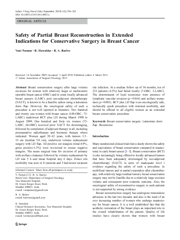 (PDF) Safety of Partial Breast Reconstruction in Extended Indications ...