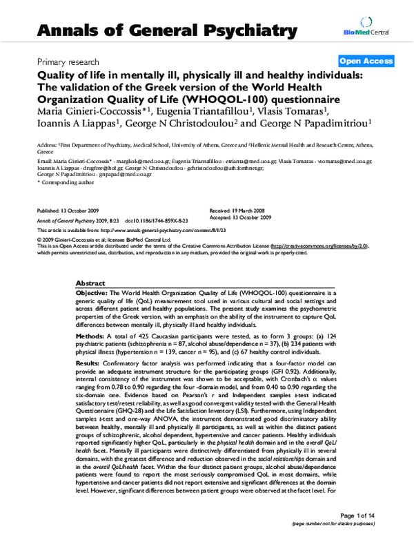 (PDF) Quality of life in mentally ill, physically ill and healthy ...
