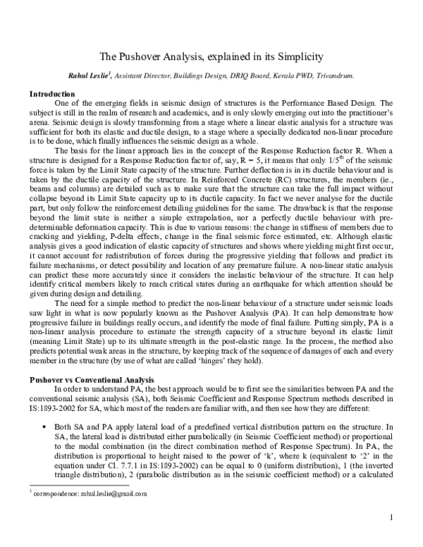 (PDF) The Pushover Analysis , explained in its Simplicity