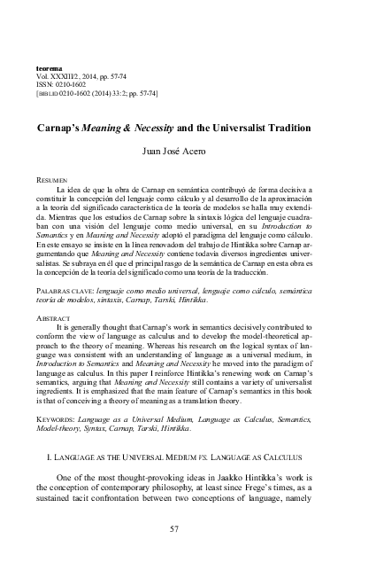 (PDF) Carnap's "Meaning & necessity" and the Universalist Tradition