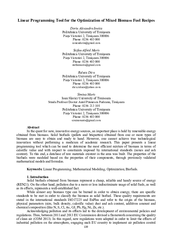 Pdf Linear Programming Tool For The Optimization Of Mixed Biomass Fuel Recipes
