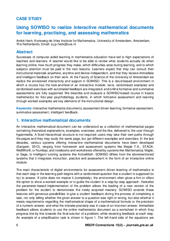 (PDF) Using SOWISO to realize interactive mathematical documents for learning, practising, and ...