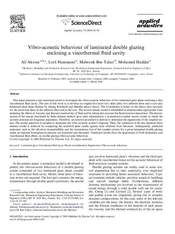 (PDF) Vibro-acoustic behaviour of laminated double glazing enclosing a viscothermal fluid cavity ...