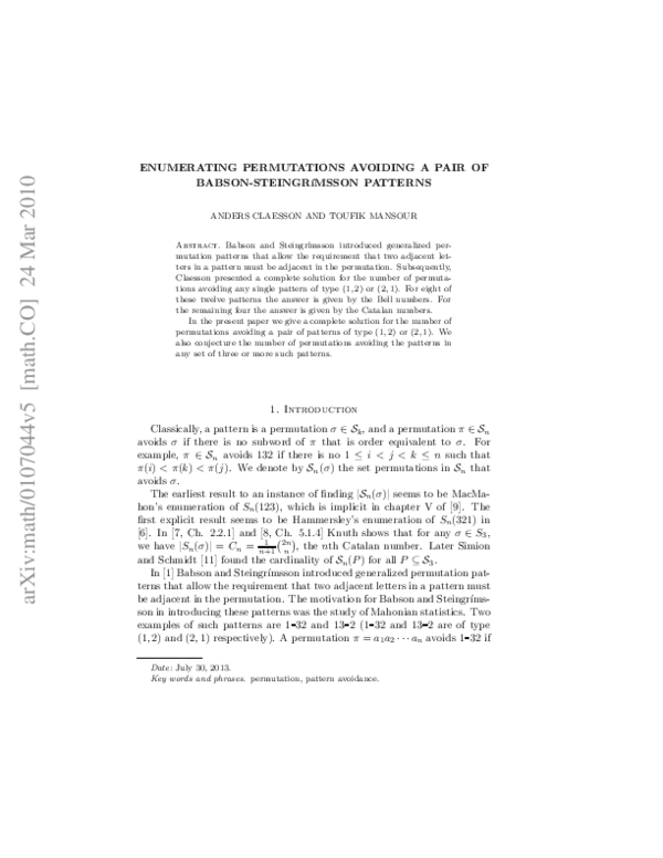 (PDF) Enumerating permutations avoiding a pair of Babson-Steingrímsson patterns