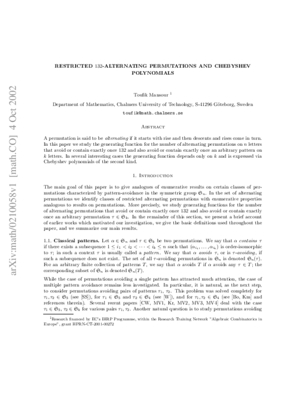 (PDF) Restricted 132-Alternating Permutations and Chebyshev Polynomials | Toufik Mansour ...