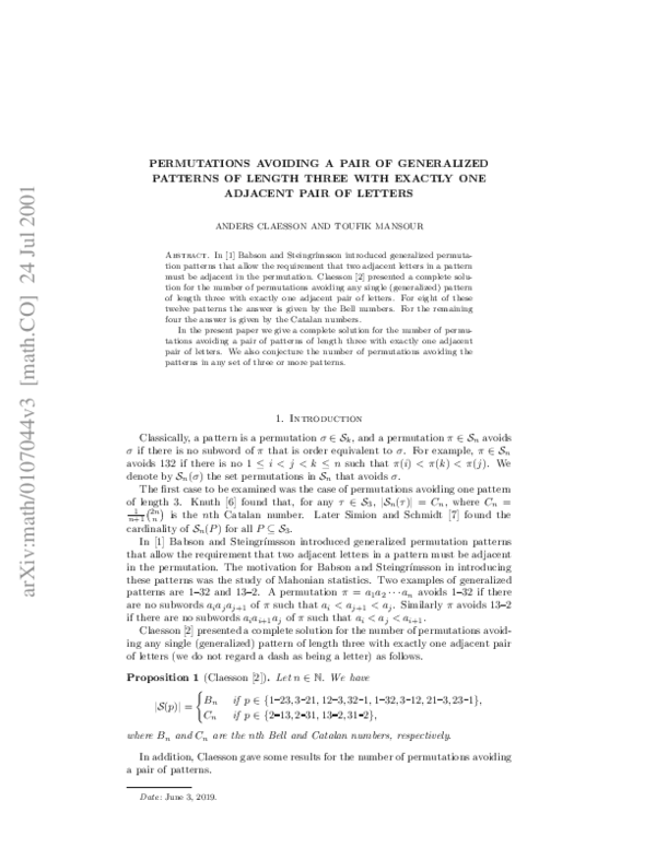 (PDF) Permutations Avoiding a Pair of Generalized Patterns of Length Three with Exactly One ...