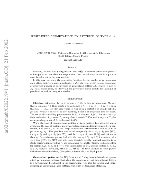 (PDF) Restricted Permutations by Patterns of Type (2,1)