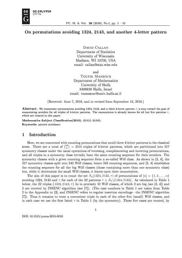 (PDF) On permutations avoiding 1324, 2143, and another 4-letter pattern