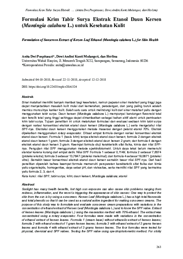 (PDF) Formulasi Krim Tabir Surya Ekstrak Etanol Daun Kersen (Muntingia calabura L.) untuk ...