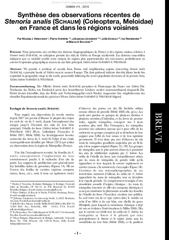 (PDF) Synthèse des observations récentes de Stenoria analis (Schaum ...