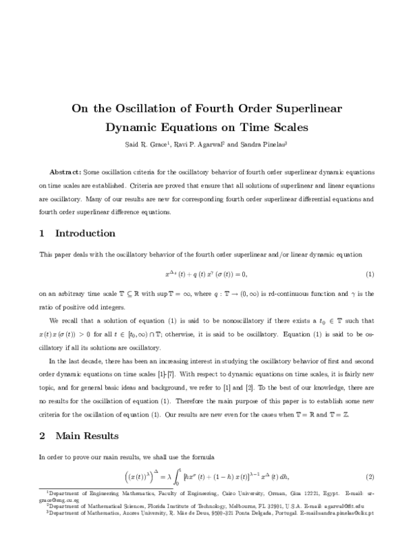 Pdf On The Oscillation Of Fourth Order Superlinear Dynamic Equations On Time Scales
