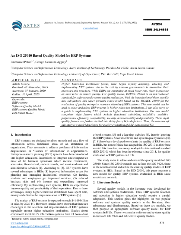 (PDF) An ISO 25010 Based Quality Model for ERP Systems