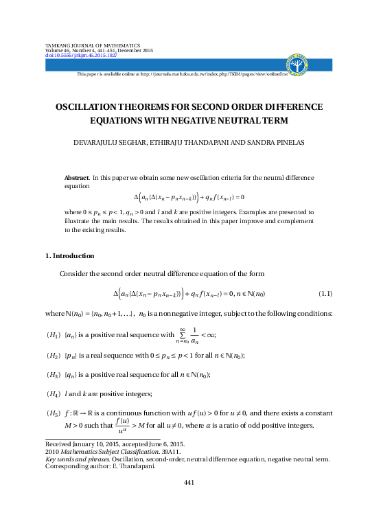 (PDF) Oscillation theorems for second order difference equations woth ...
