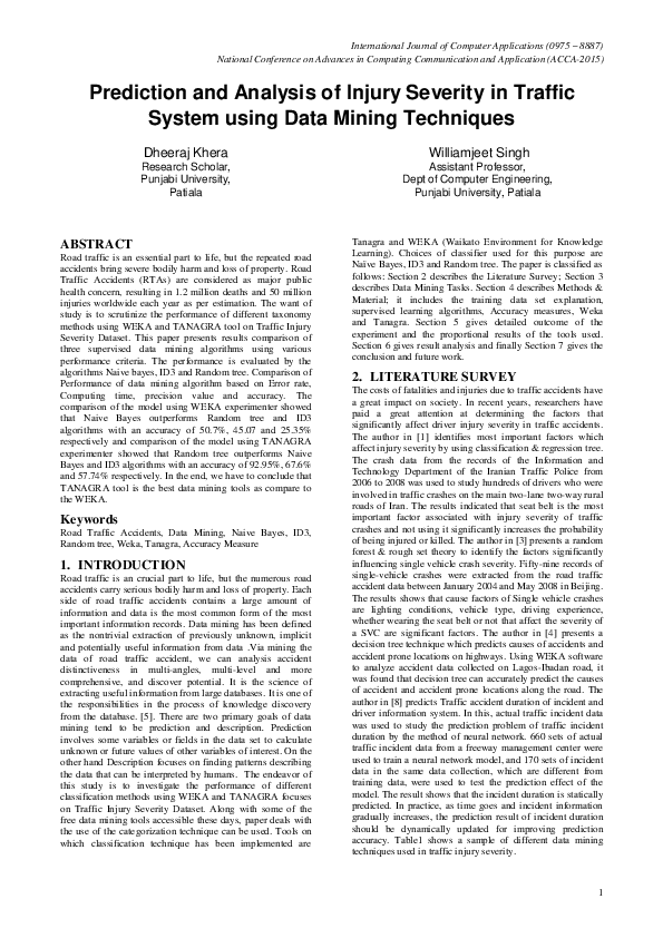 (PDF) 1 Prediction and Analysis of Injury Severity in Traffic System using Data Mining Techniques