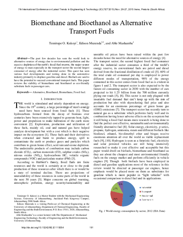 (PDF) Biomethane and Bioethanol as Alternative Transport Fuels