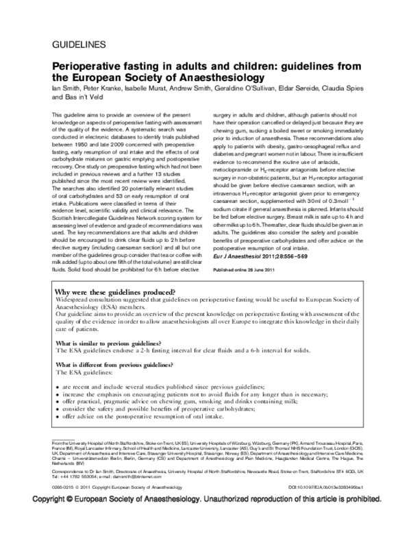 (PDF) Perioperative fasting in adults and children: guidelines from the ...